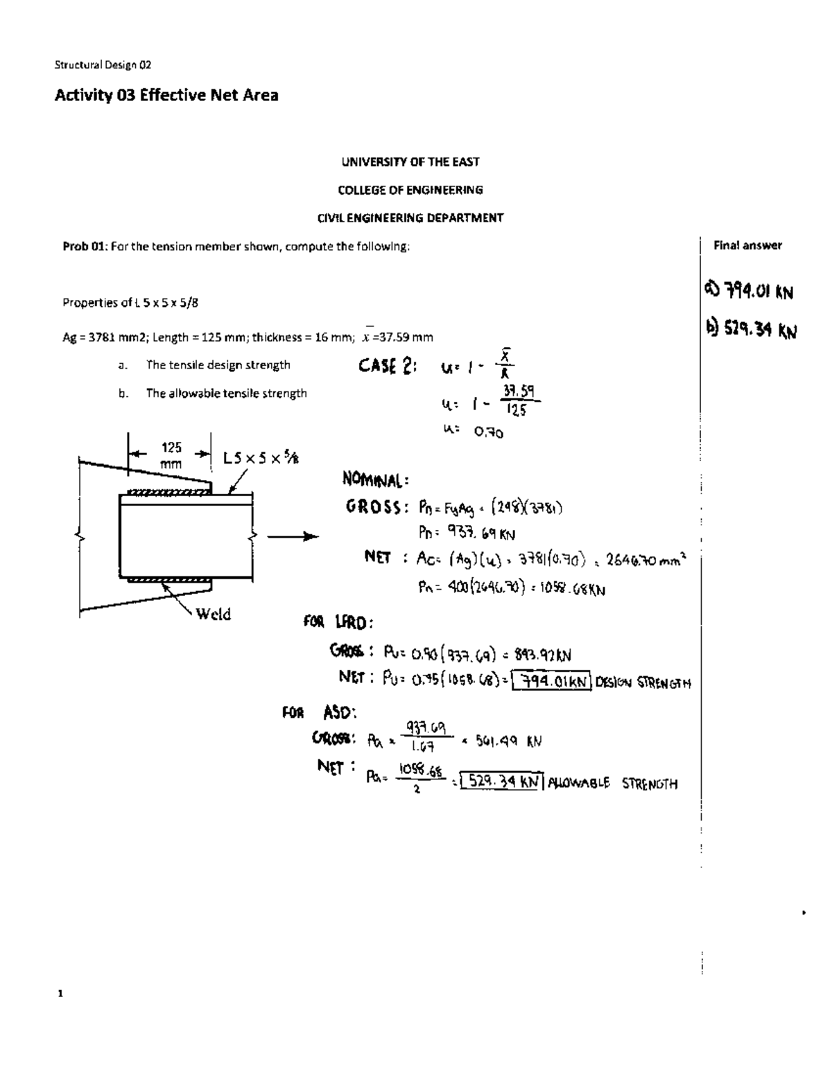 Scan0003 - steel - Structural Design 02 Activity 03 Effective Net Area UNIVERSITY OF THE EAST ...