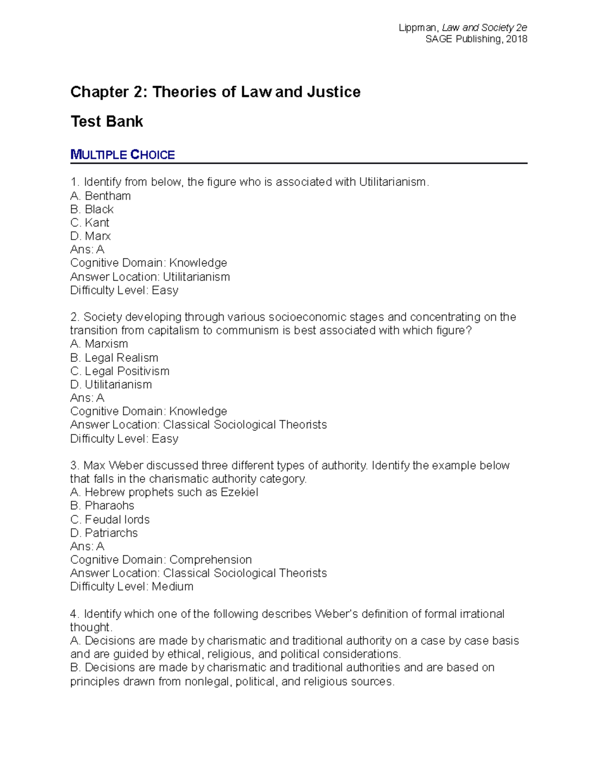 Lippman Law & Society Chapter 2 MULTIPLE CHOICE ANSWERS - SAGE ...