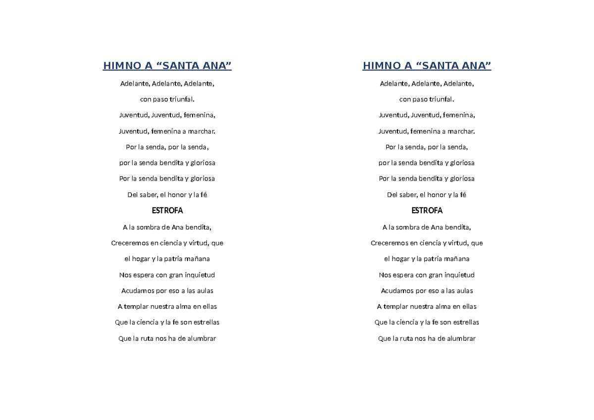 Himno santa ana - HIMNO A “SANTA ANA” Adelante, Adelante, Adelante, con ...