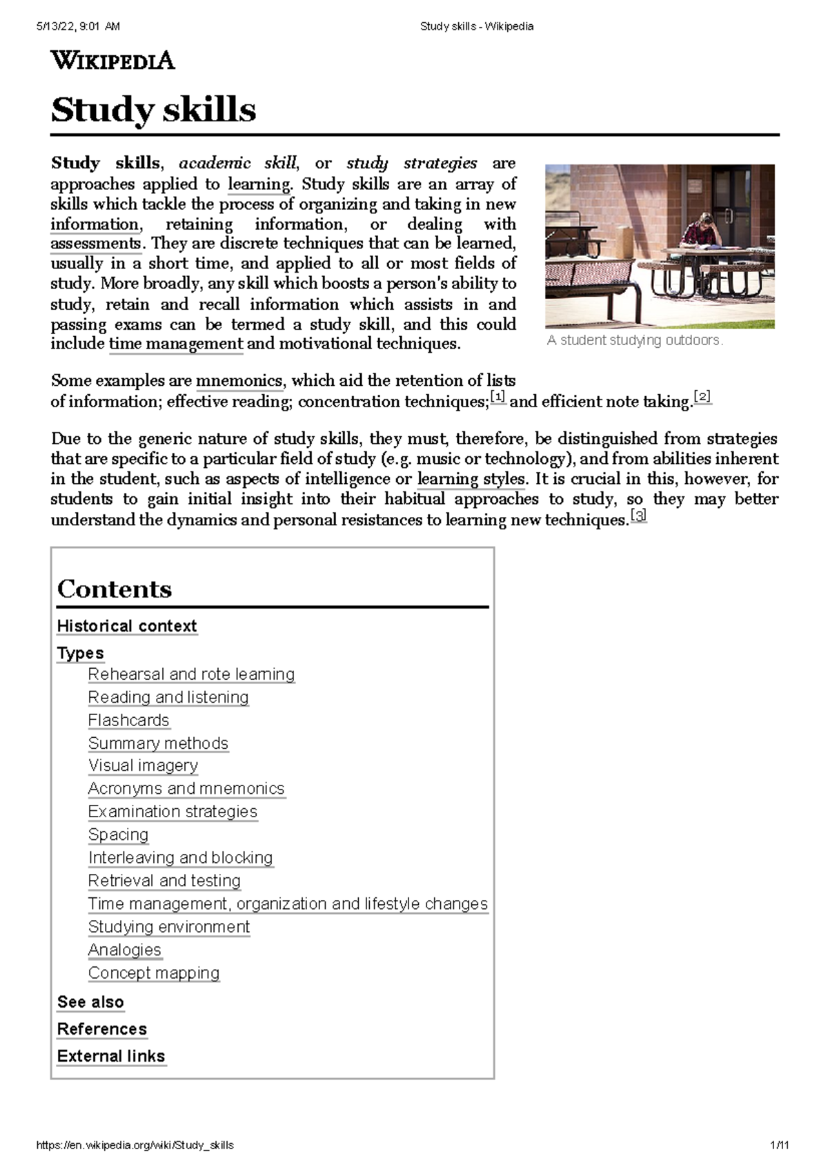 Study skills - Wikipedia - A student studying outdoors. Study skills ...