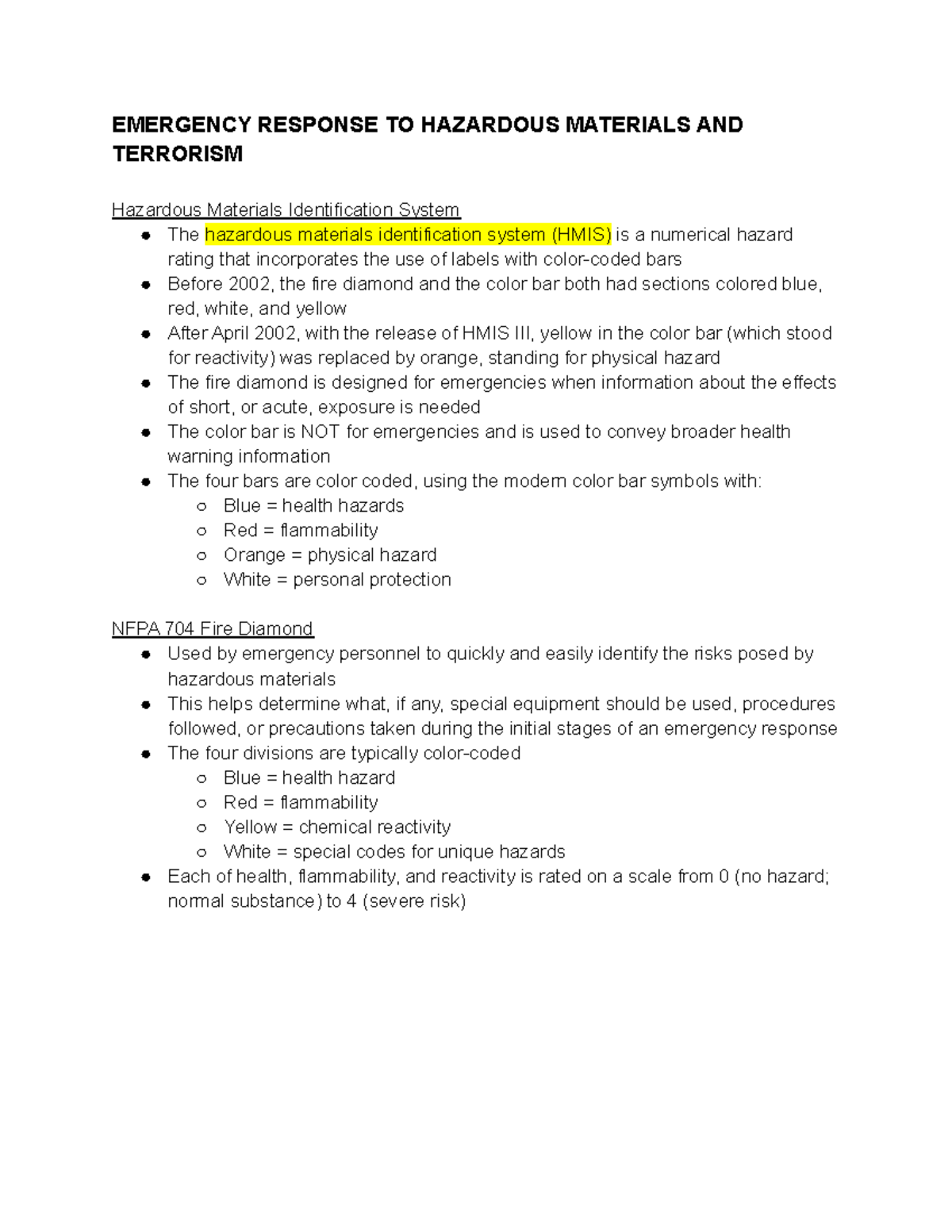 Hazard Midterm Notes - EMERGENCY RESPONSE TO HAZARDOUS MATERIALS AND ...