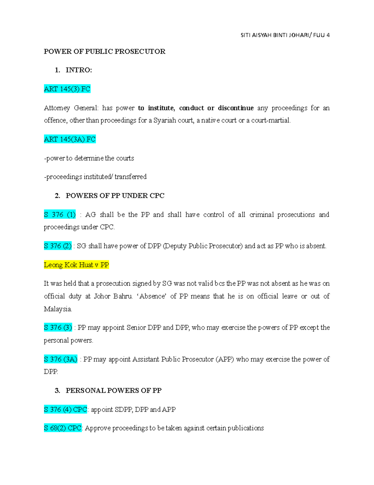 Power OF Public Prosecutor - SITI AISYAH BINTI JOHARI/ FUU 4 POWER OF ...