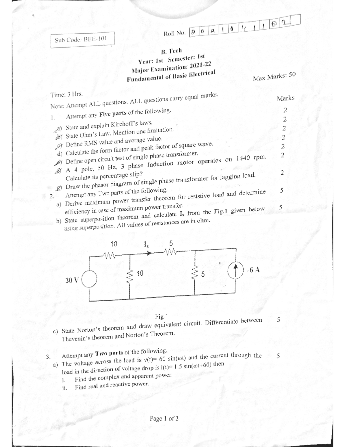 Major paper - Basic Electrical Engineering - Studocu