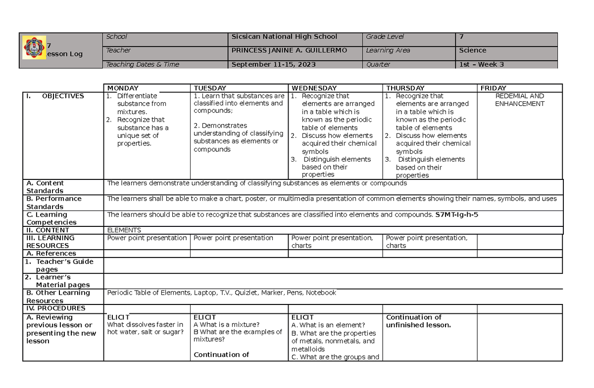 DLL G7 WEEK 3 Q1 - DFGEFW - Grade 7 Daily Lesson Log School Sicsican ...