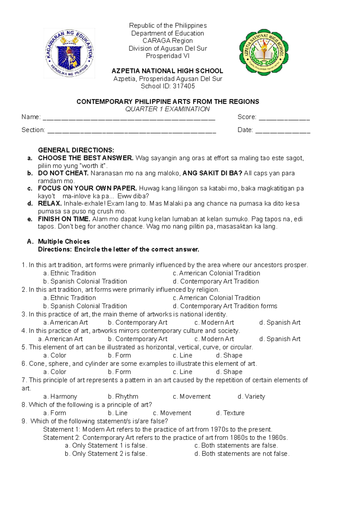 Contemporary Phil Arts Q1 Exam - Republic of the Philippines Department ...