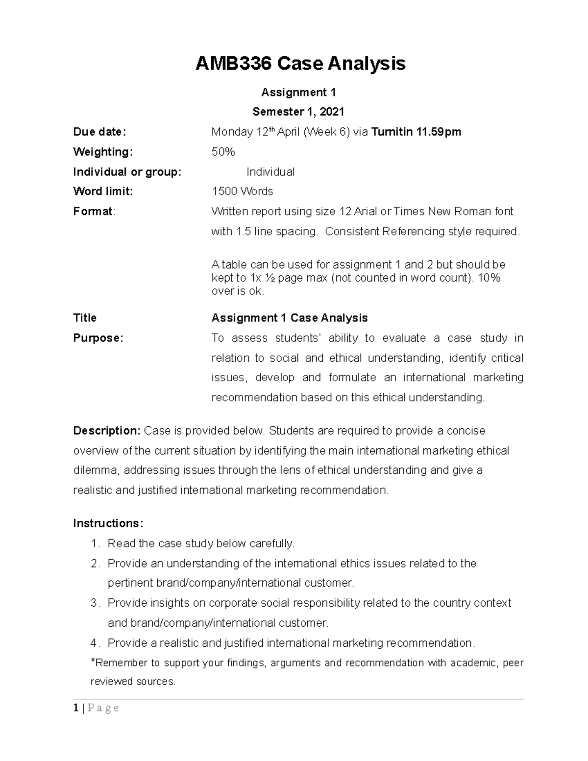 Assessment 1 - Case Study Guide - AMB336 Case Analysis Assignment 1 ...