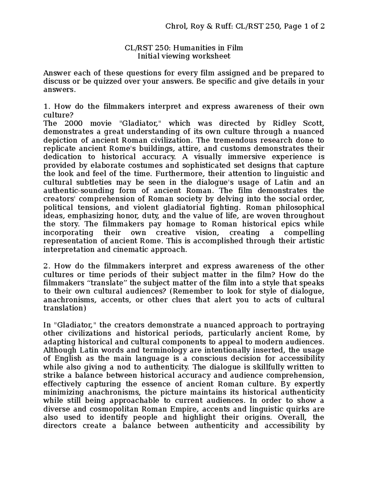 Gladiator worksheet - SCHOOLWORK - Chrol, Roy & Ruff: CL/RST 250, Page ...