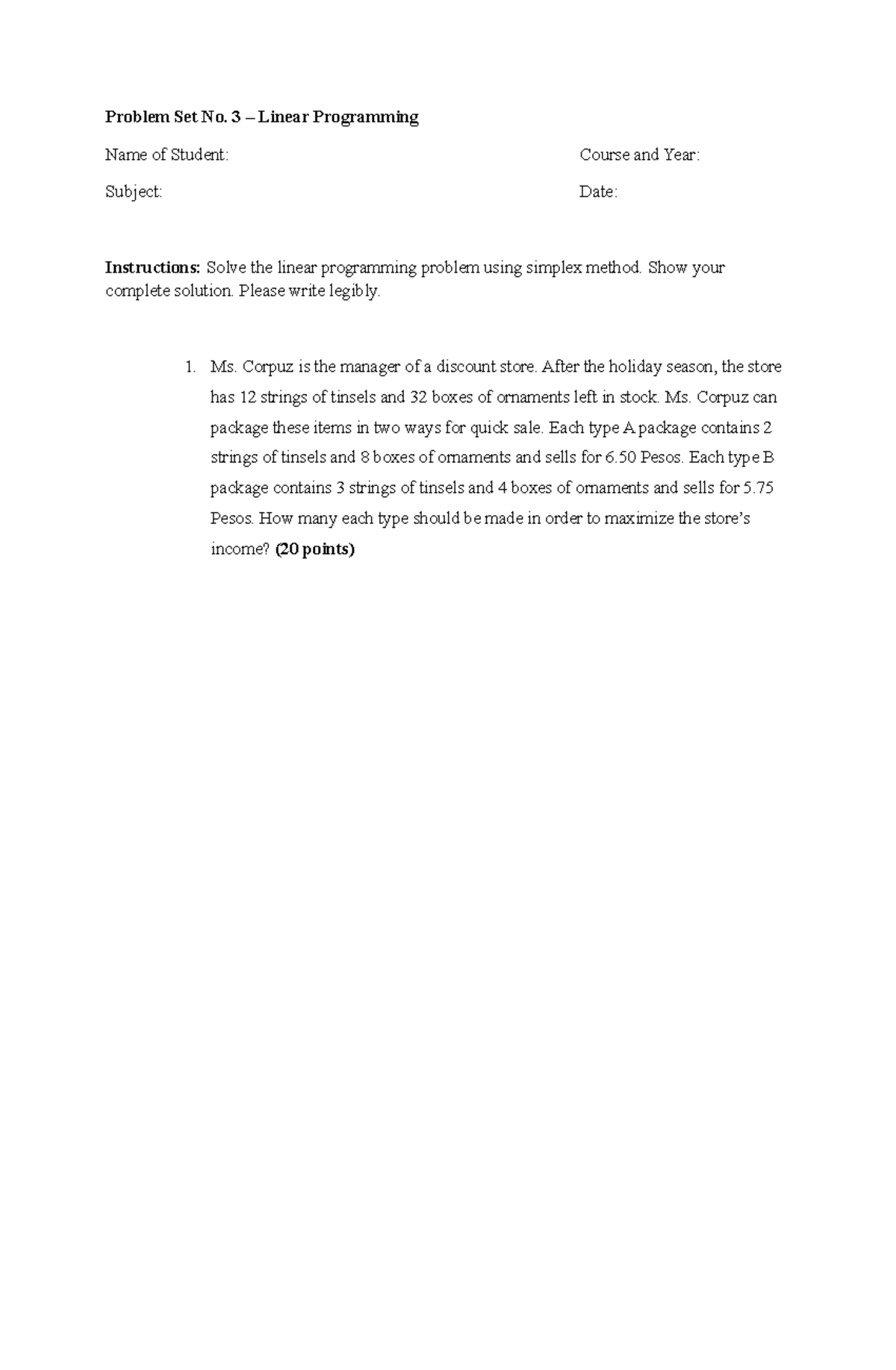 Problem Set No. 3 - Simplex algorithm - Copy - Problem Set No. 3 ...