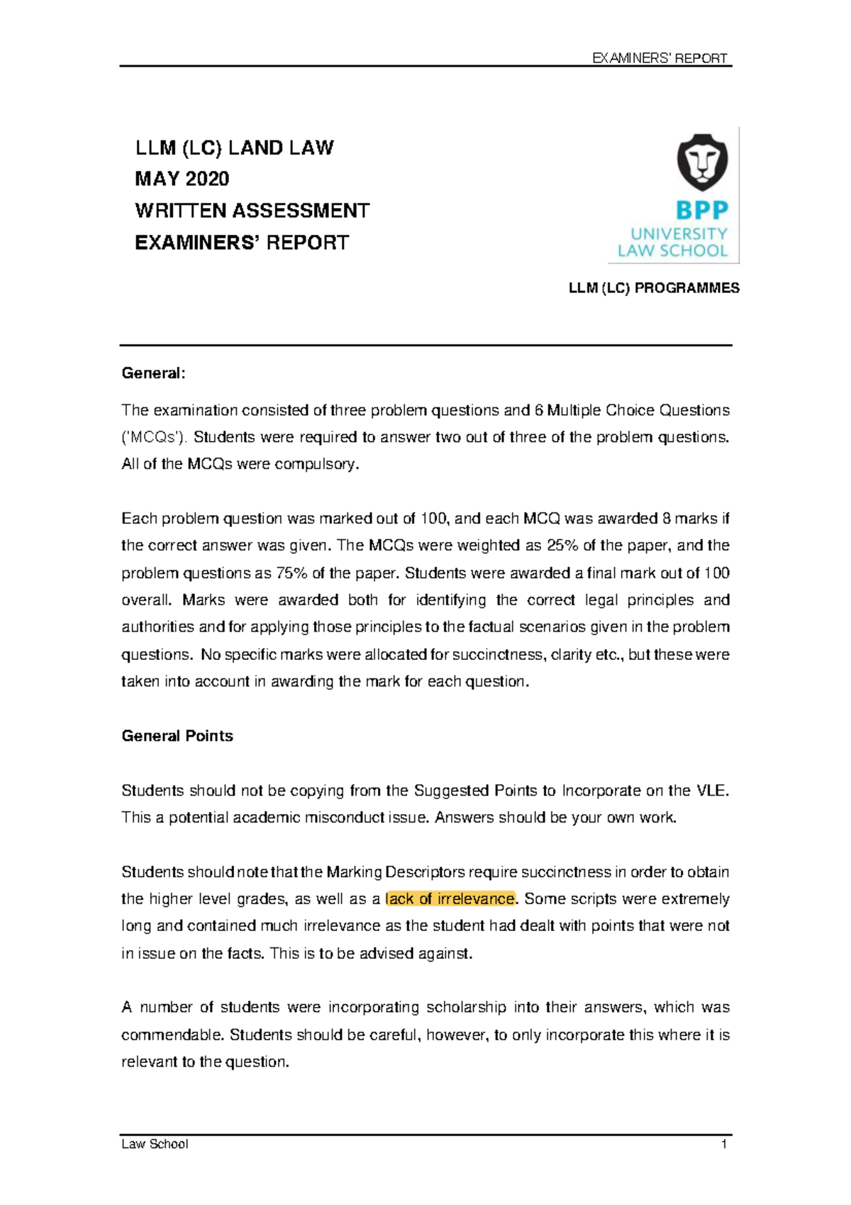 Examiners Report LAND LLM May 2020 - LLM (LC) LAND LAW MAY 2020 WRITTEN ...