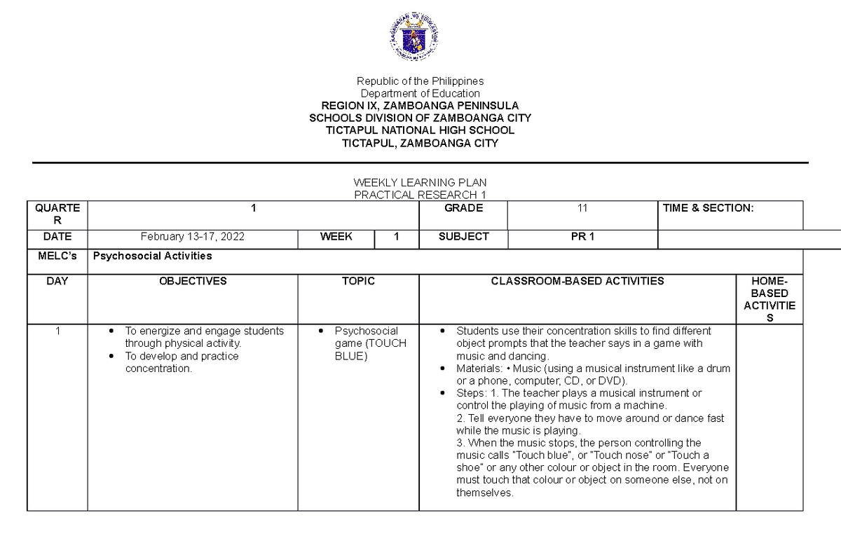 WLP-W1 - WEEKLY LESSON PLAN - Republic of the Philippines Department of ...