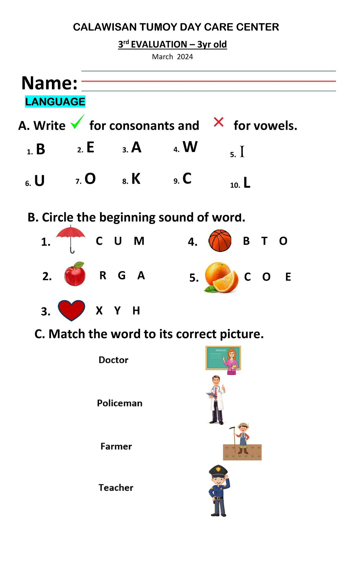 Exam 33 - yus - CALAWISAN TUMOY DAY CARE CENTER 3 rd EVALUATION – 3yr ...