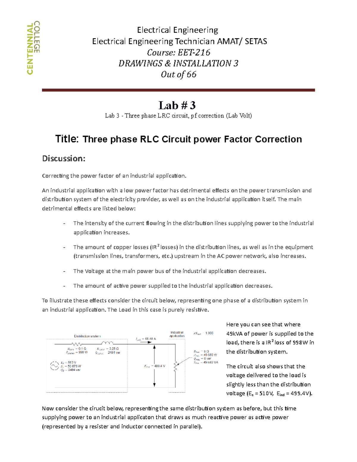 Three phase RLC Circuit power Factor Correction - Studocu