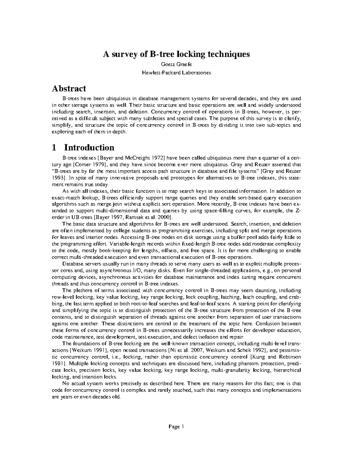 A survey of B-tree locking techniques Graefe Survey - A survey of B ...