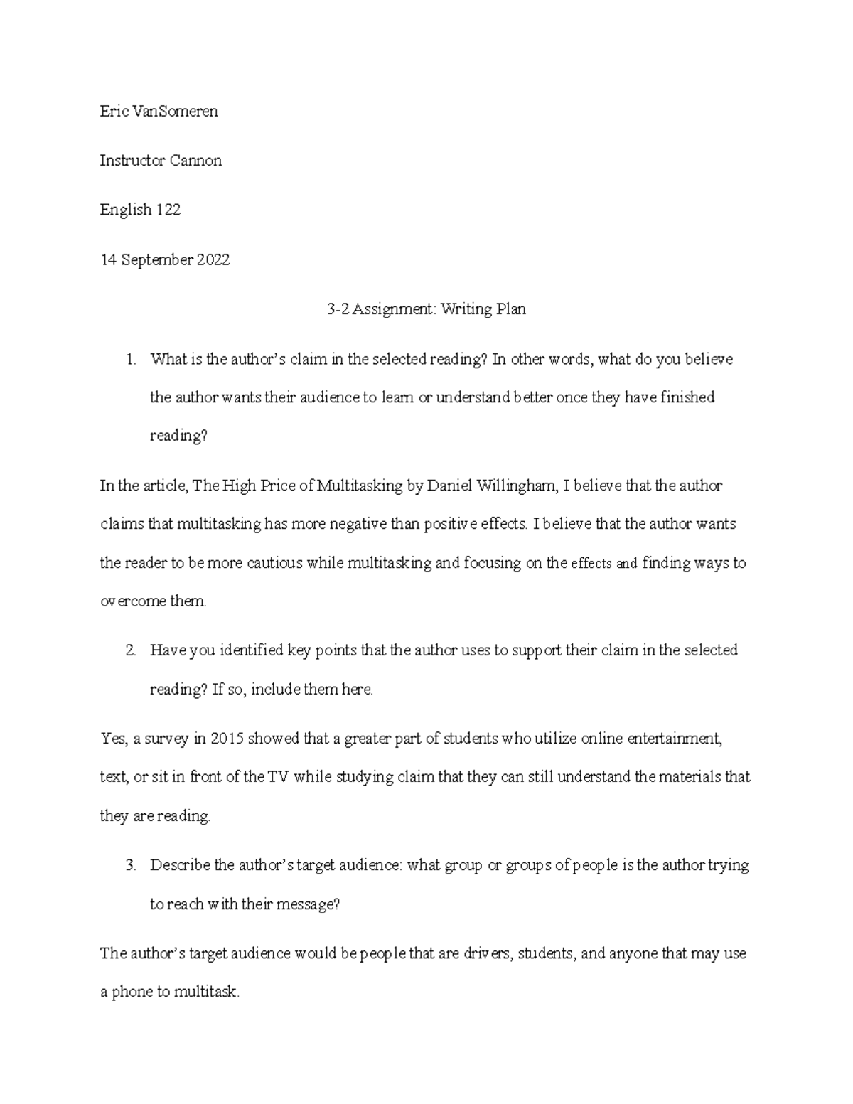 3-2 Assignment - Writing Plan draft - Eric VanSomeren Instructor Cannon ...
