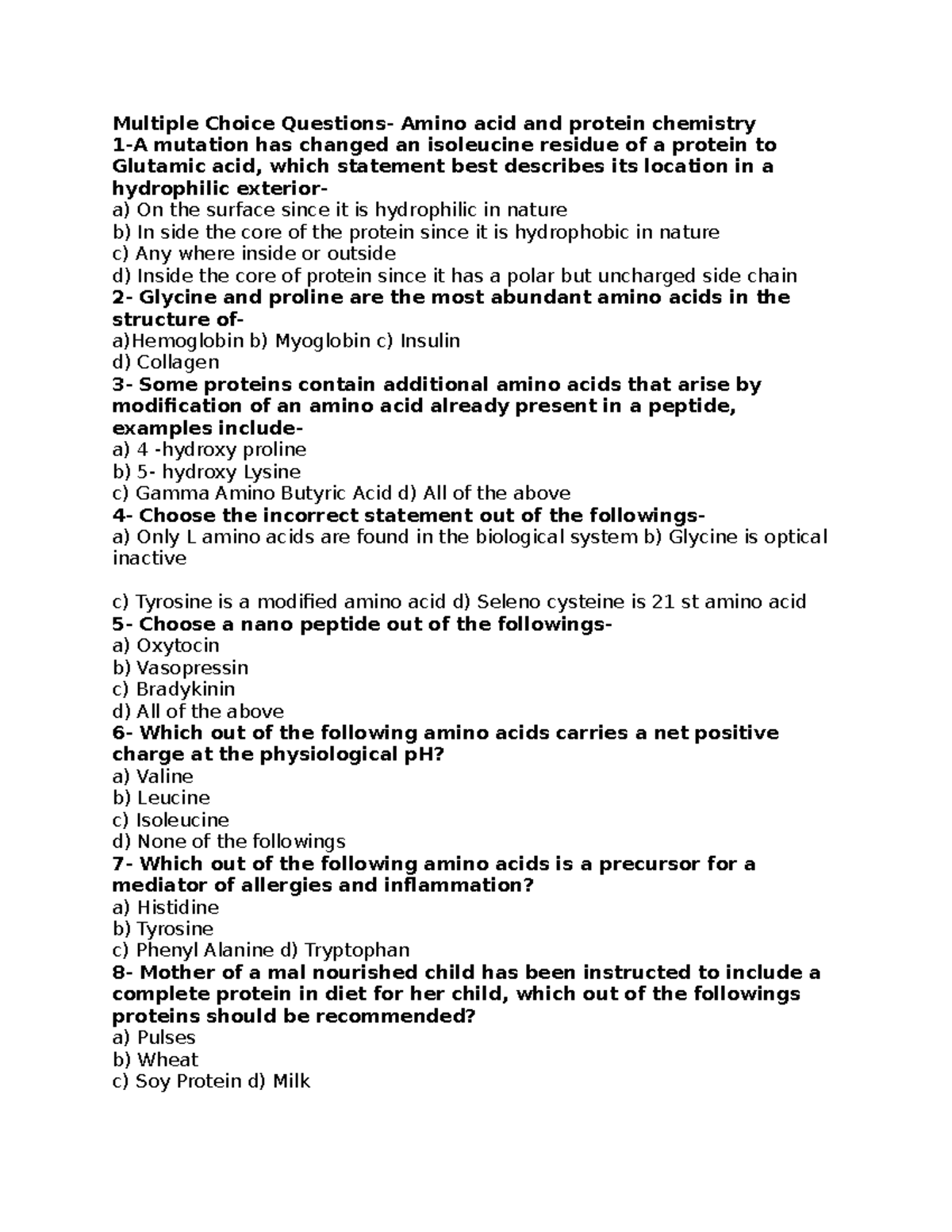 Multiple Choice Questions- Amino acid and protein chemistry - Studocu