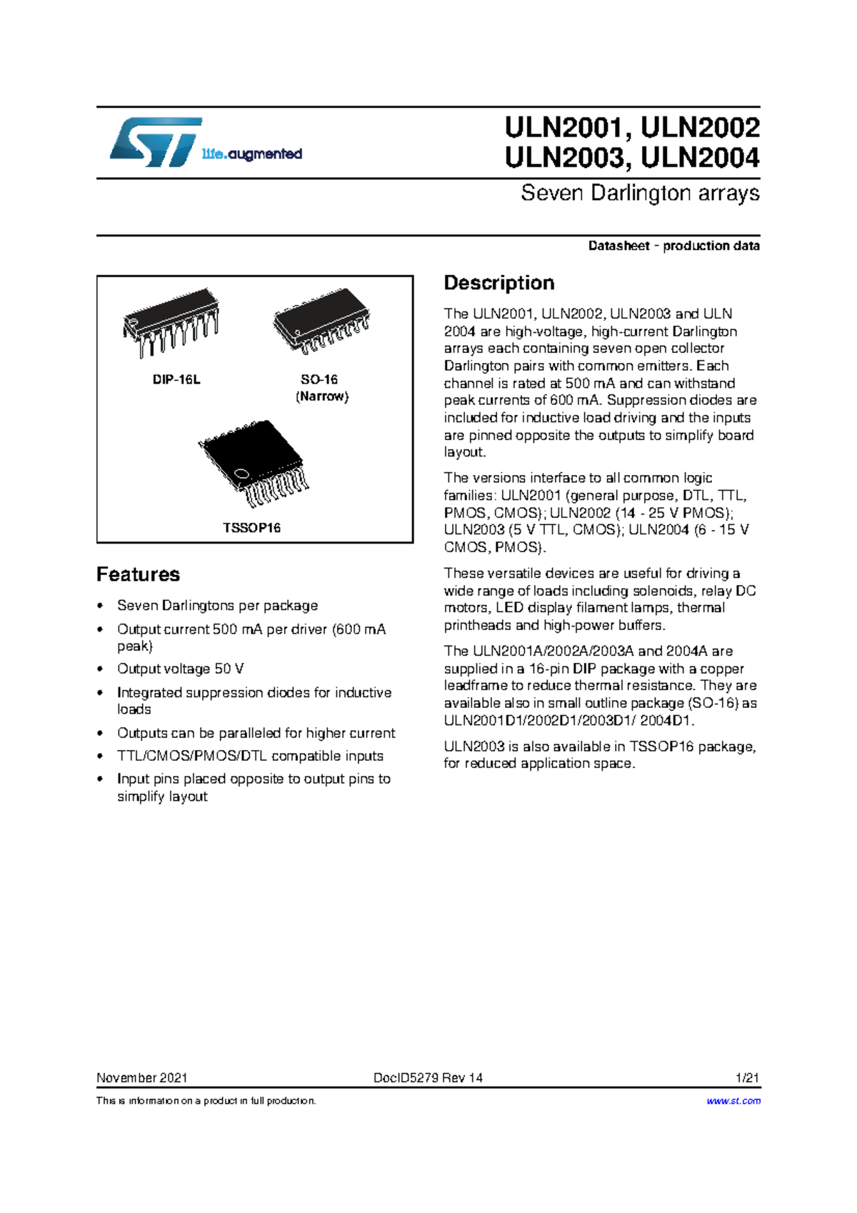 Uln2001 - acerca de ese integrado - This is information on a product in full production ...