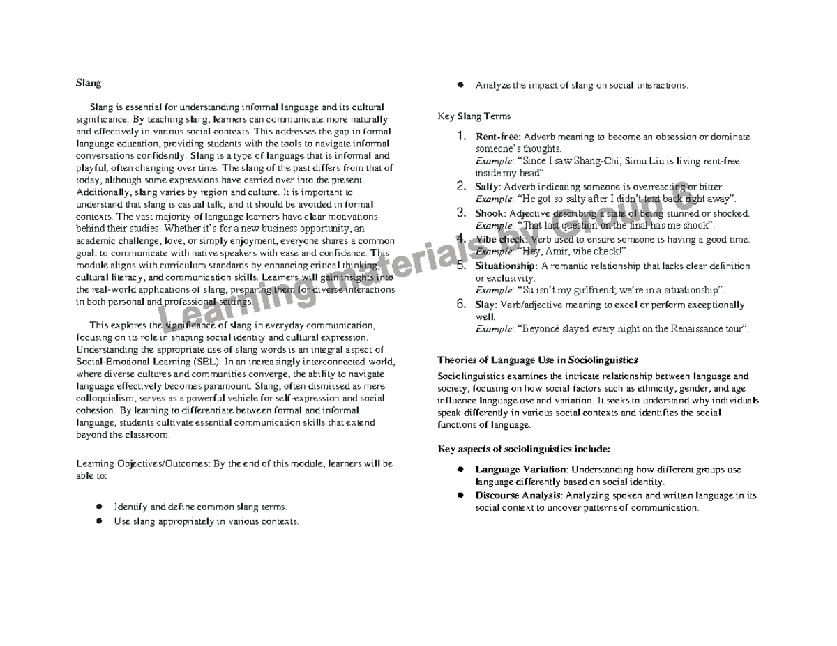 Handouts to print - N/A - Slang Slang is essential for understanding ...