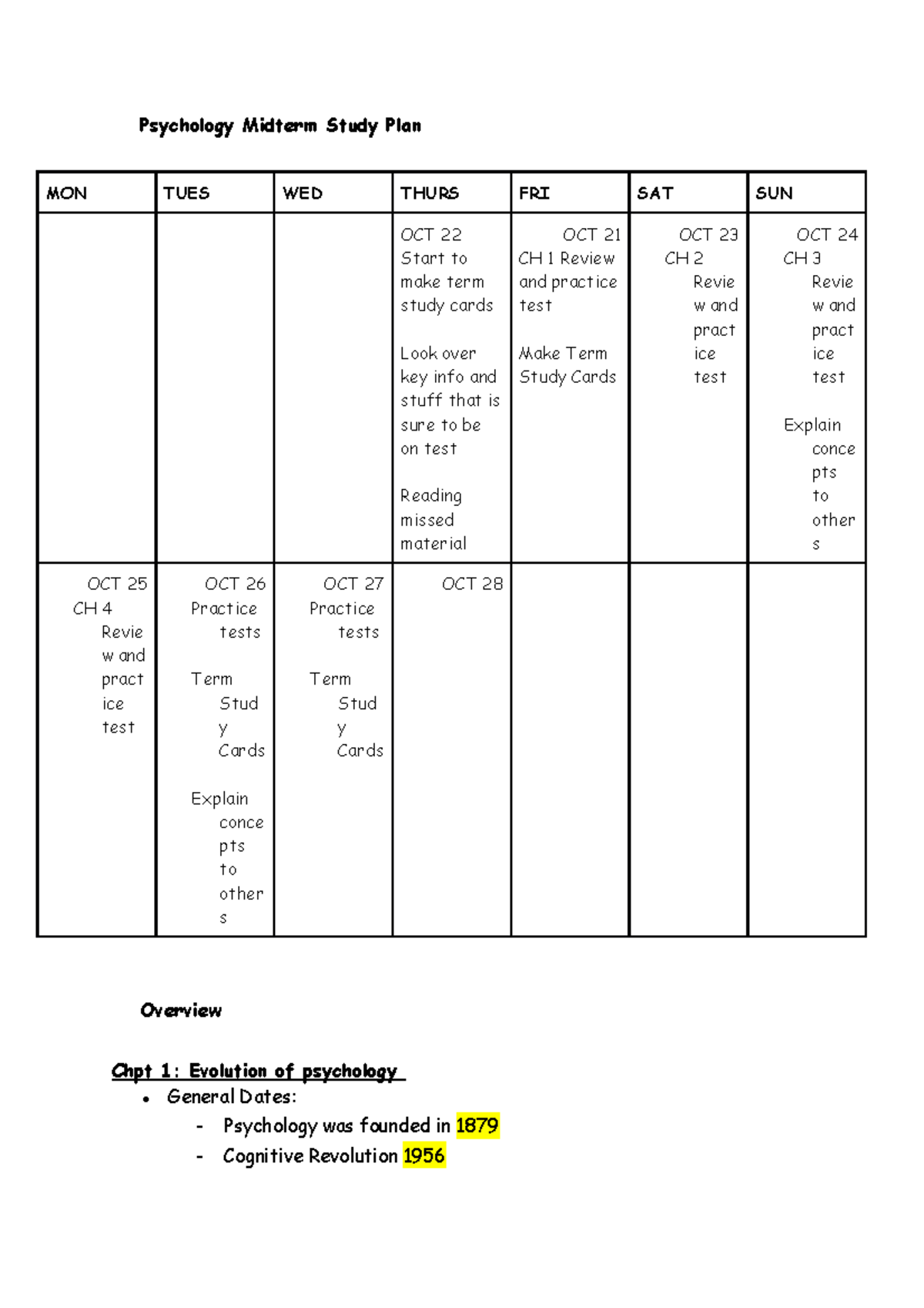 Psychology Study Plan - Psychology Midterm Study Plan MON TUES WED ...