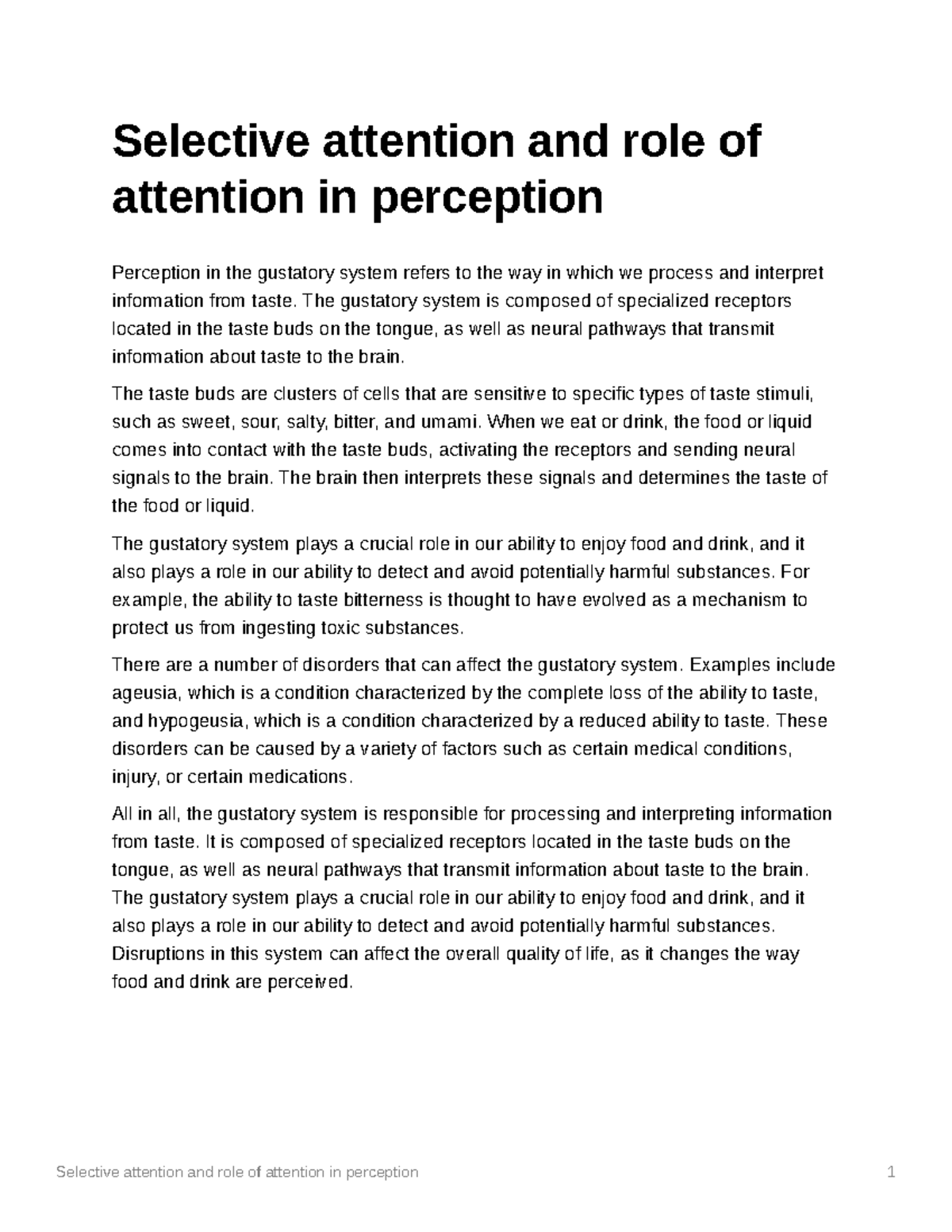 Selective attention and role of attention in perception - The gustatory ...
