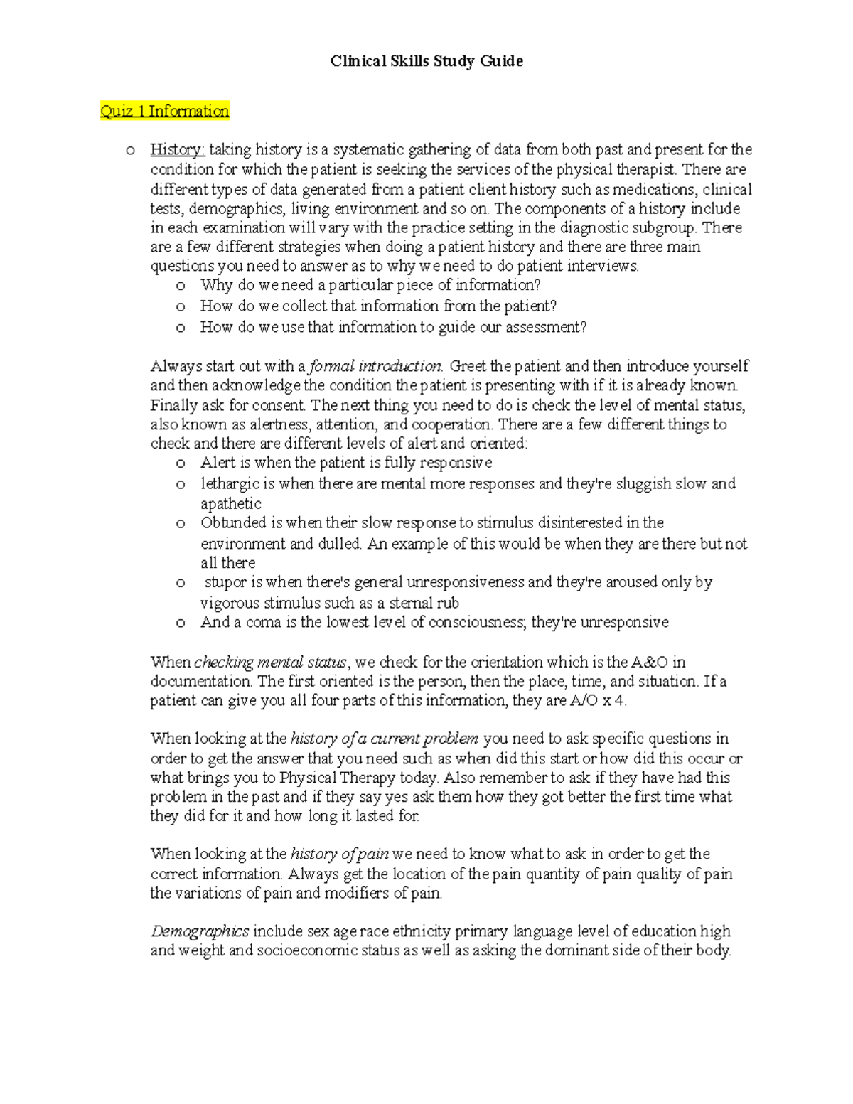 Clinical Skills Study Guide - PT 731 - Studocu