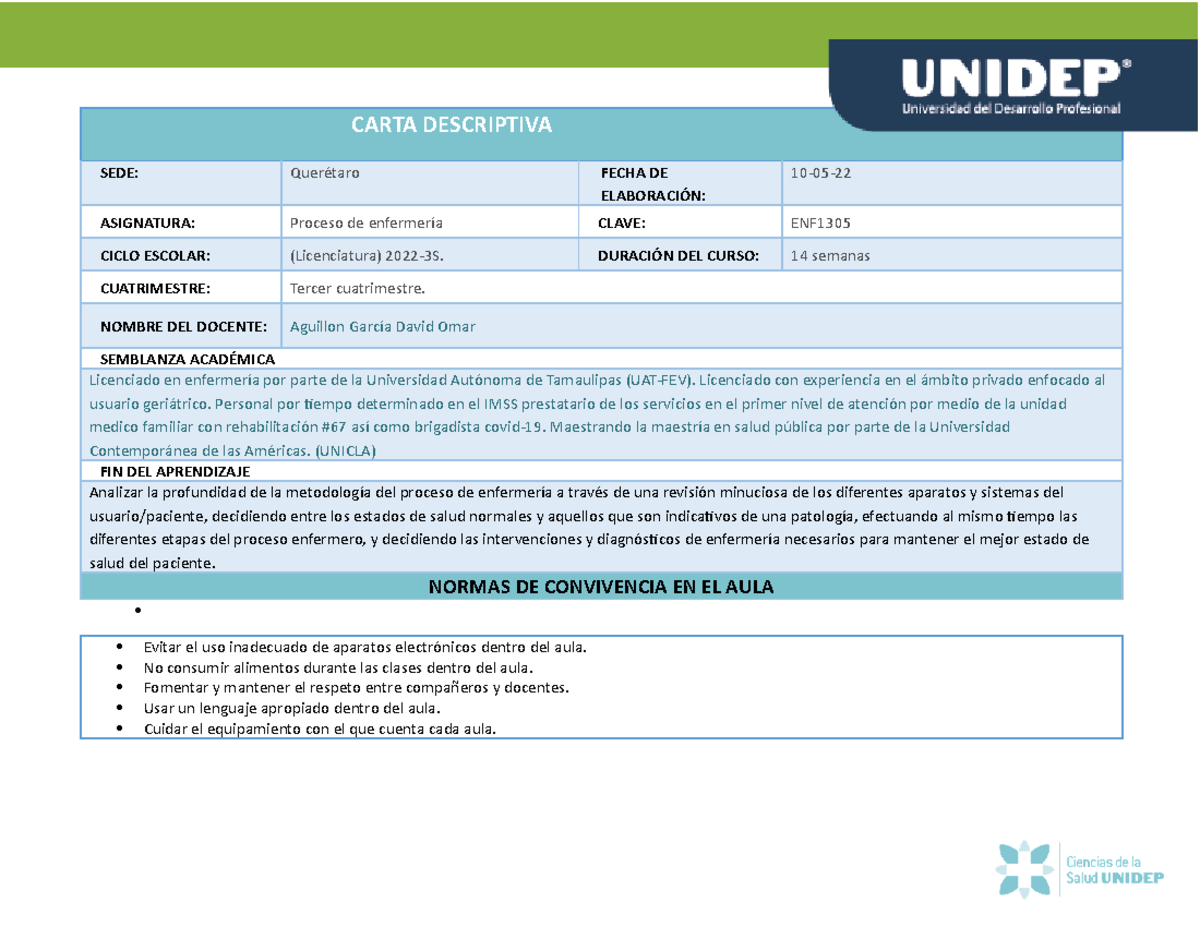 Carta Descriptiva Proceso de enfermeria - CARTA DESCRIPTIVA SEDE ...