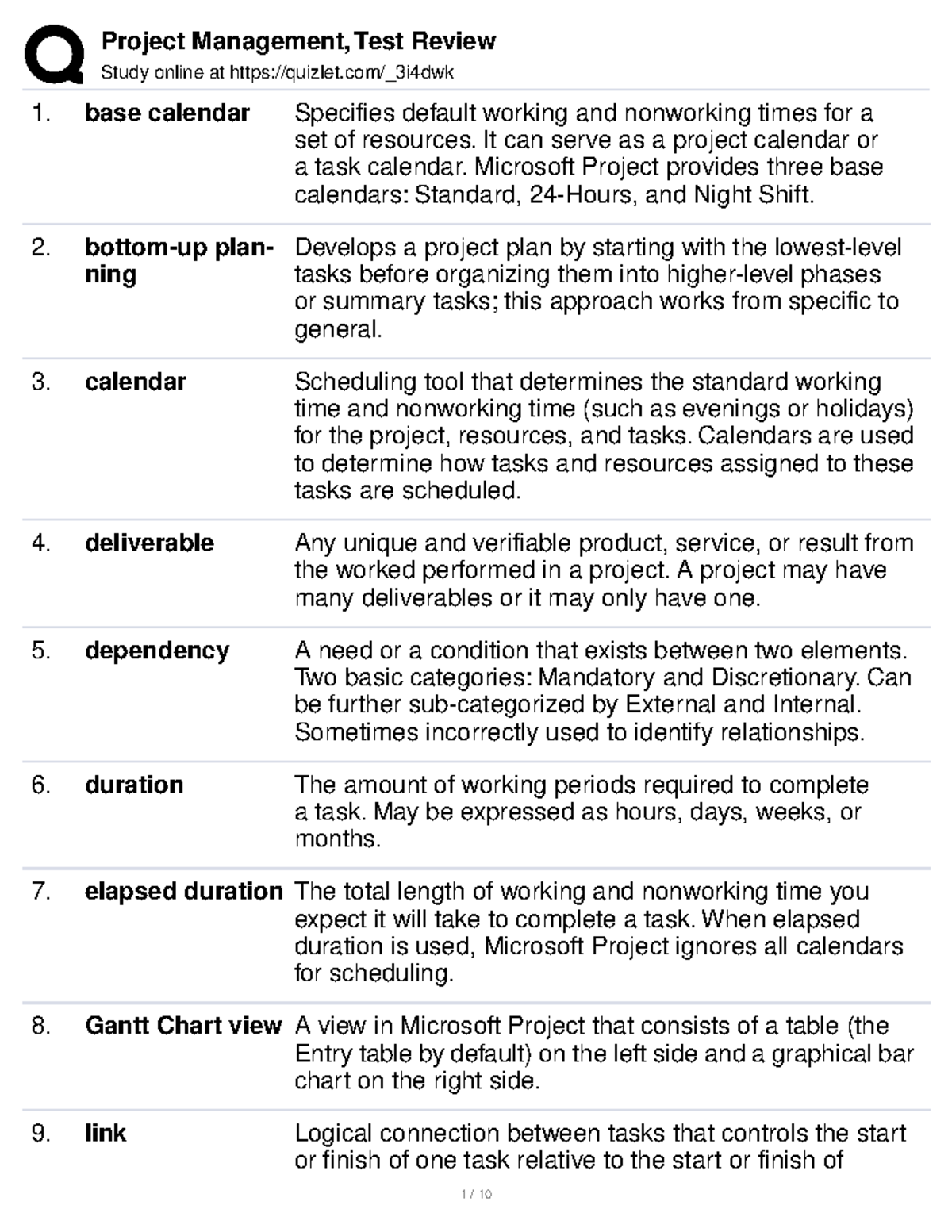 Project Management, Test Review - Study online at quizlet/_3i4dwk base ...