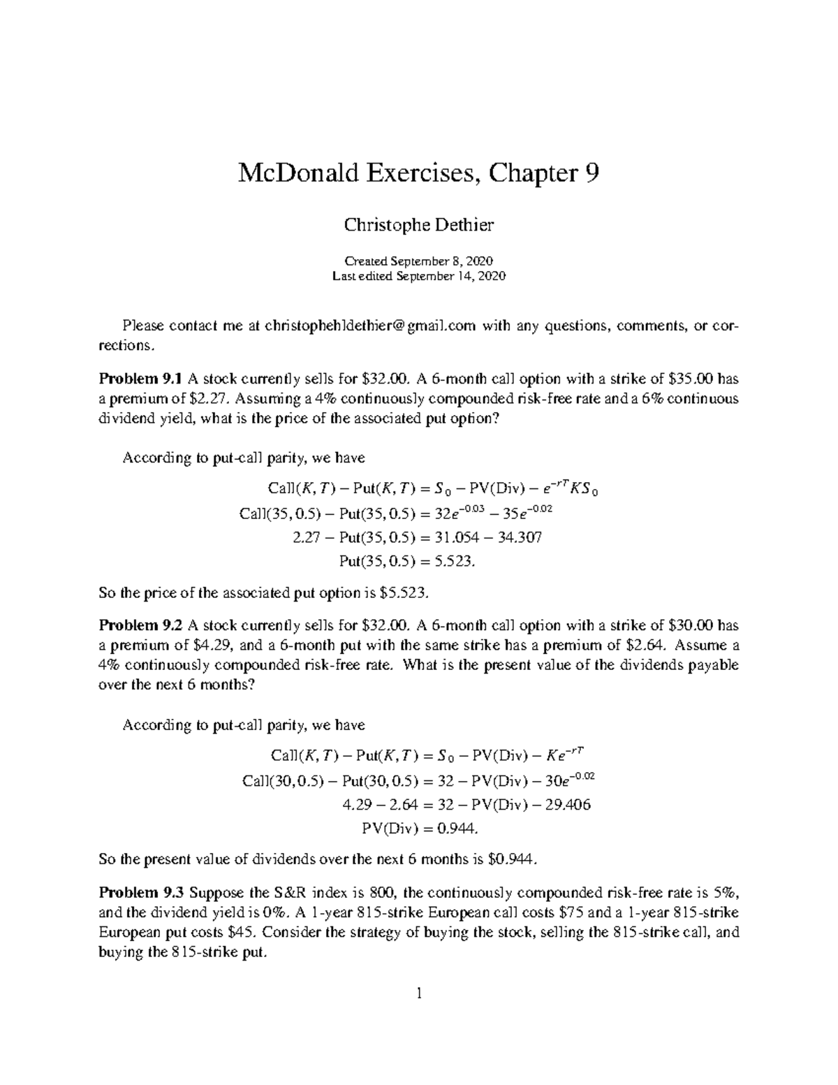 Mc Donald Chapter 9 - Textbook Answers - McDonald Exercises, Chapter 9 Christophe Dethier ...