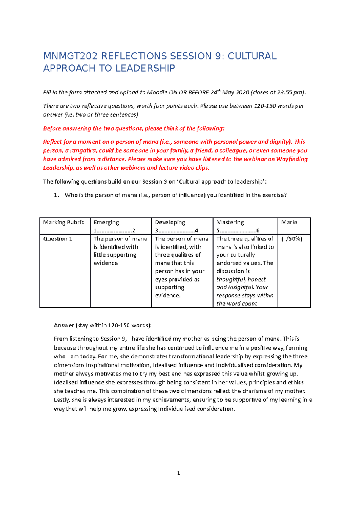 Reflections Session 9 Cultural Approach to Leadership - MNMGT202 ...