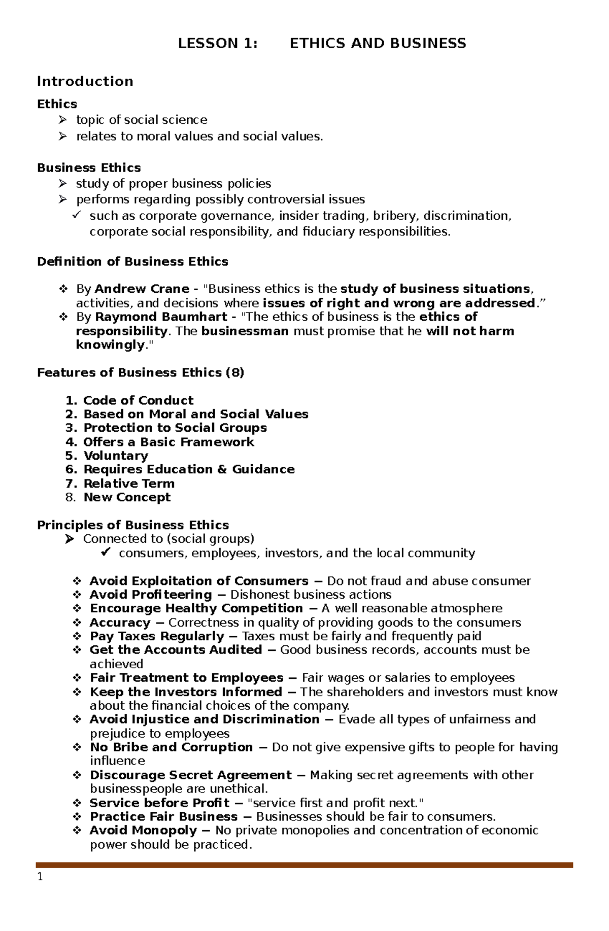 Chapter-1- Ethics AND Business-Notes - Introduction Ethics topic of ...