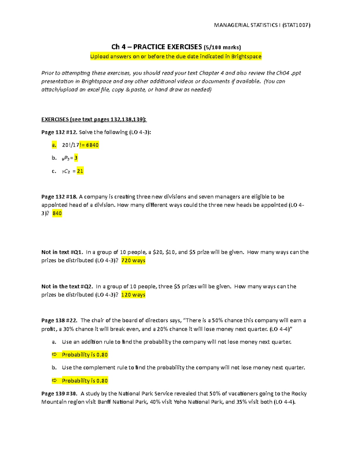Ch 4 - Practice Exercises - MANAGERIAL STATISTICS I (STAT1007) Ch 4 – PRACTICE EXERCISES (5/100 ...