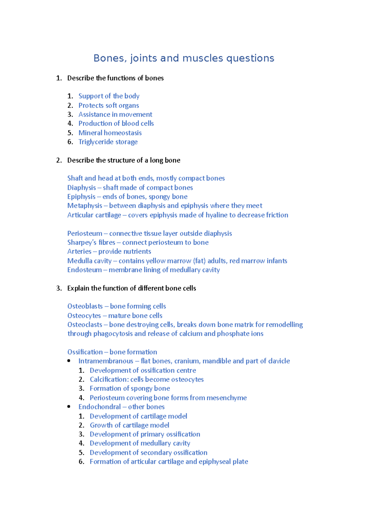 Bones answers - Bones, joints and muscles questions Describe the ...