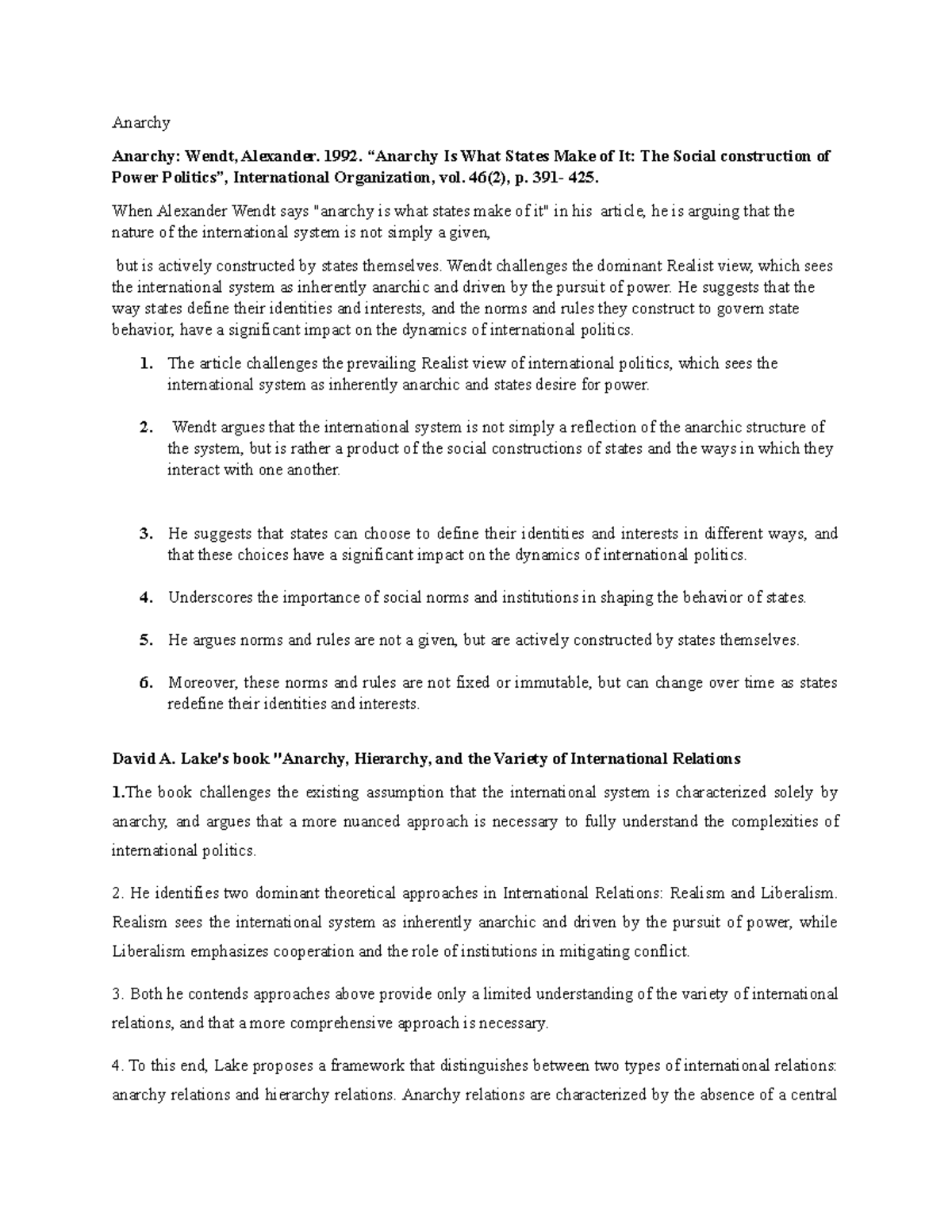 Notes on theories of IR - Anarchy Anarchy: Wendt, Alexander. 1992 ...