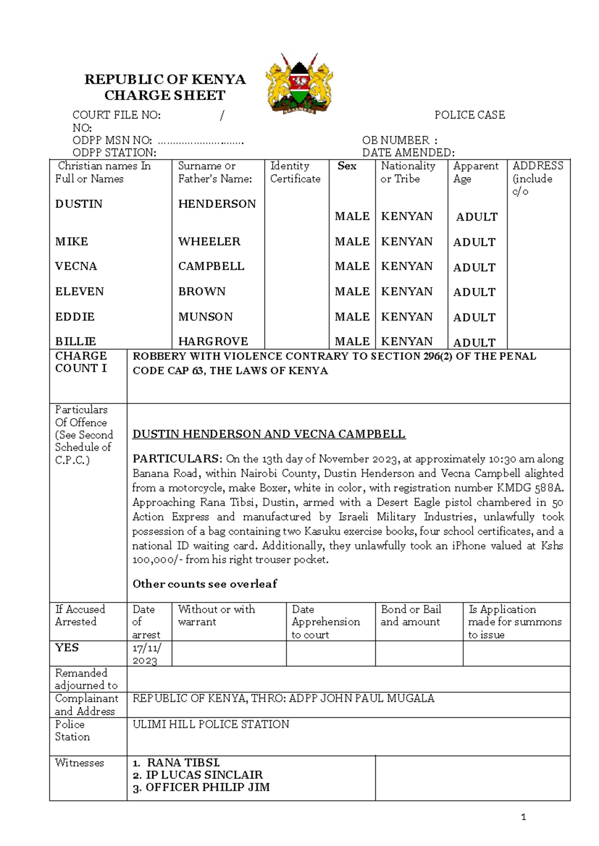 Charge Sheet( CAT) - REPUBLIC OF KENYA CHARGE SHEET COURT FILE NO ...