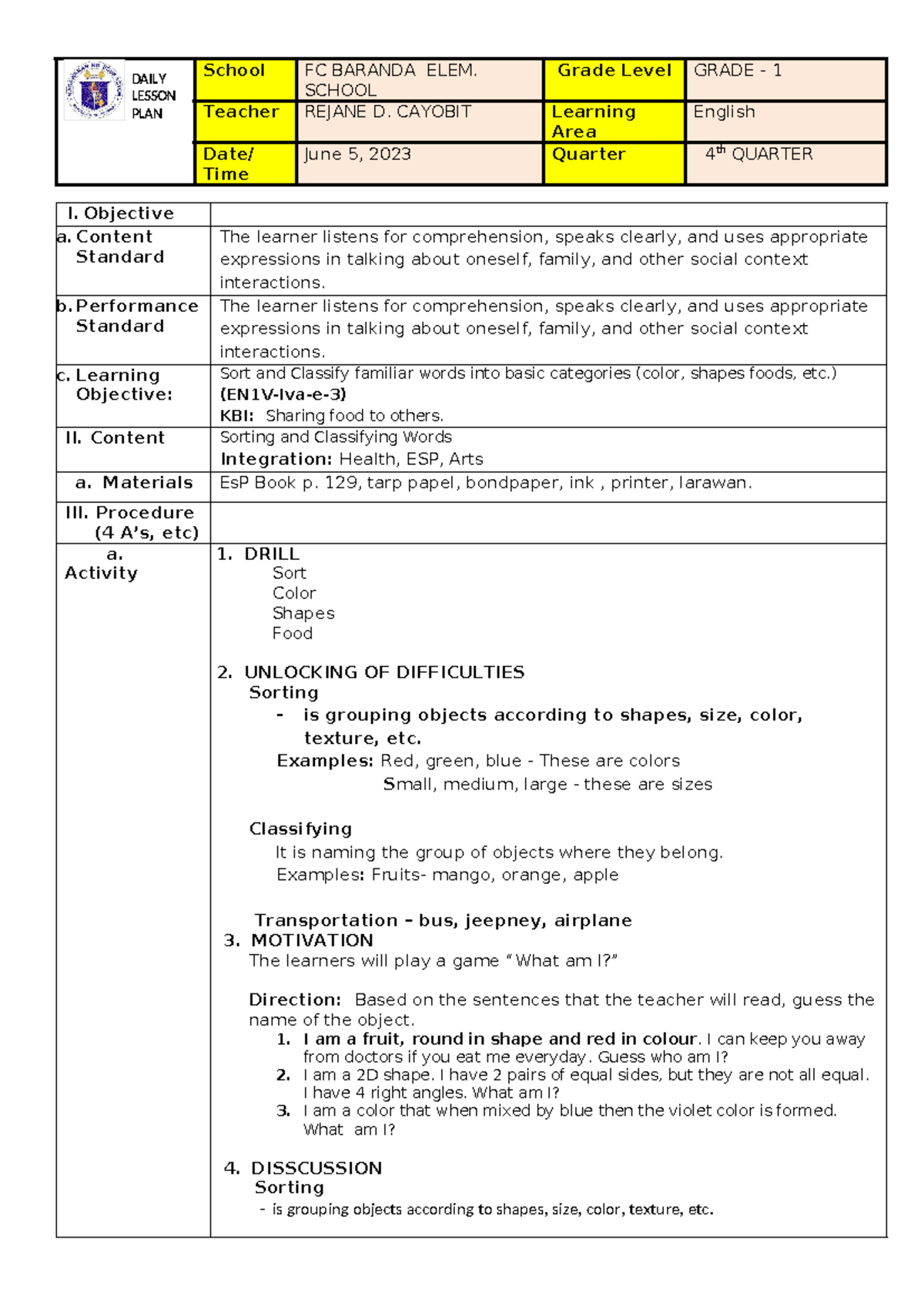 LP English- Grade 1- Week 1- June 5, 2023 - School FC BARANDA ELEM ...
