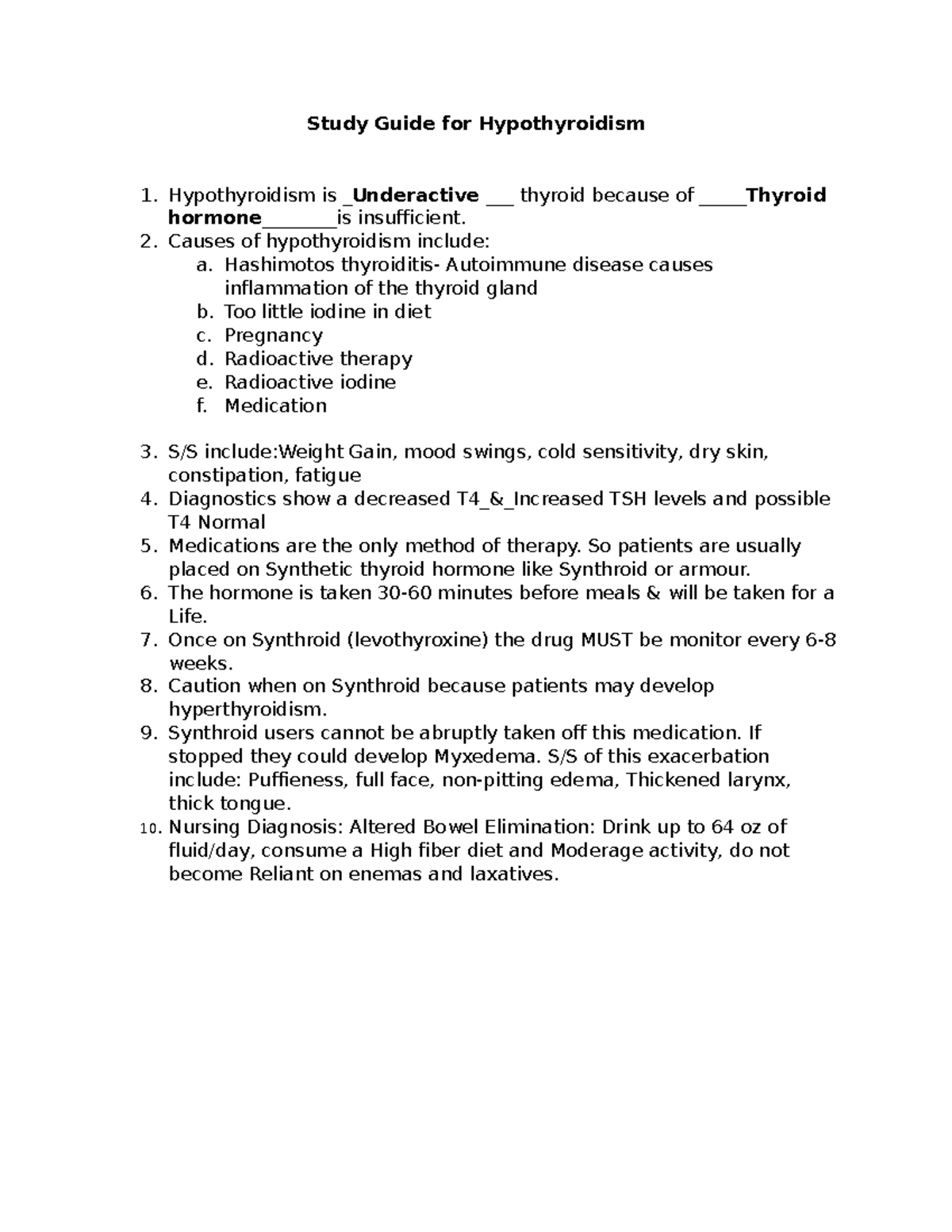 Study Guide for Hypothyroidism - Study Guide for Hypothyroidism ...