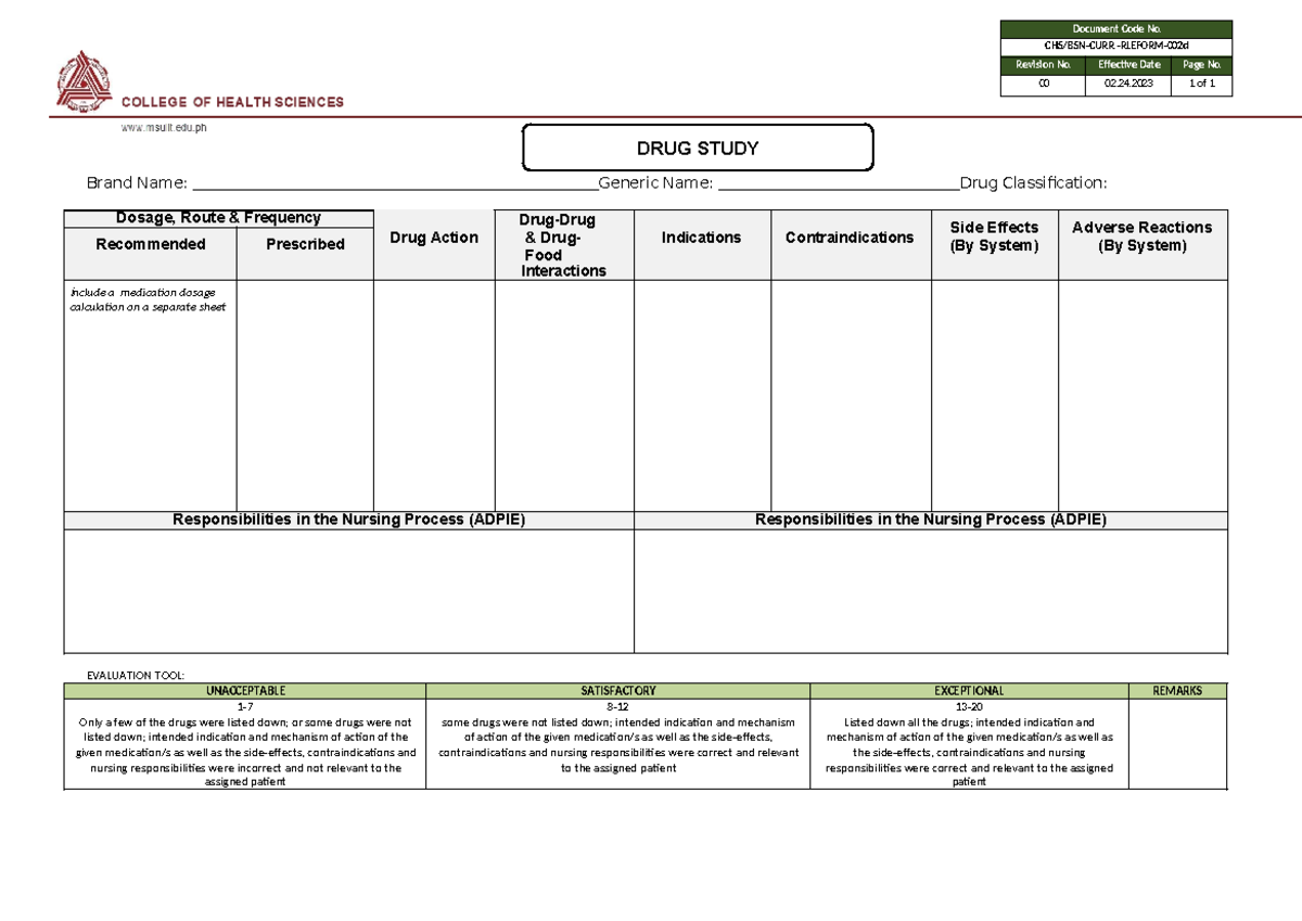 DRUG Study - DRUG STUDY Document Code No. CHS/BSN-CURR -RLEFORM-002d ...