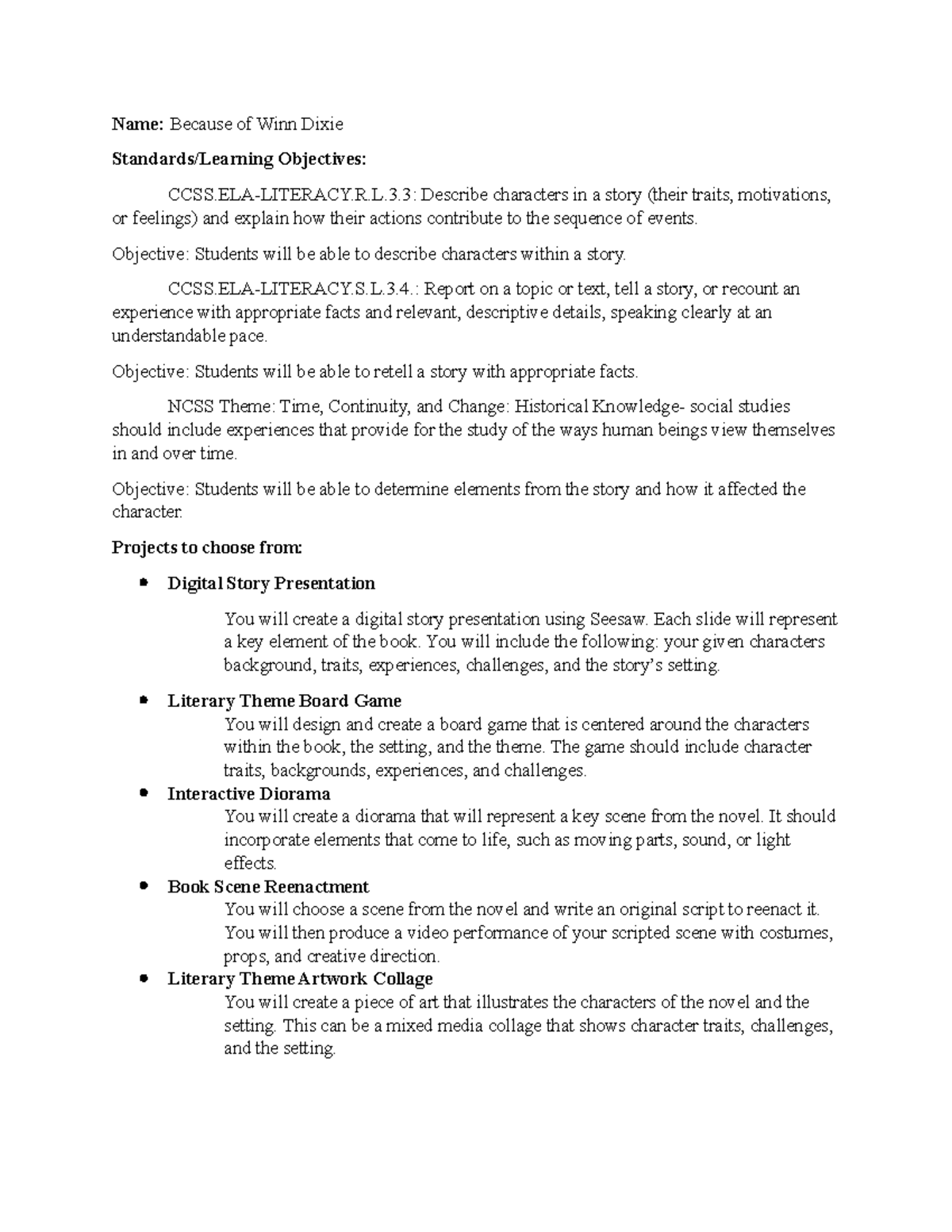 REA305 Student Handout - Name: Because of Winn Dixie Standards/Learning ...