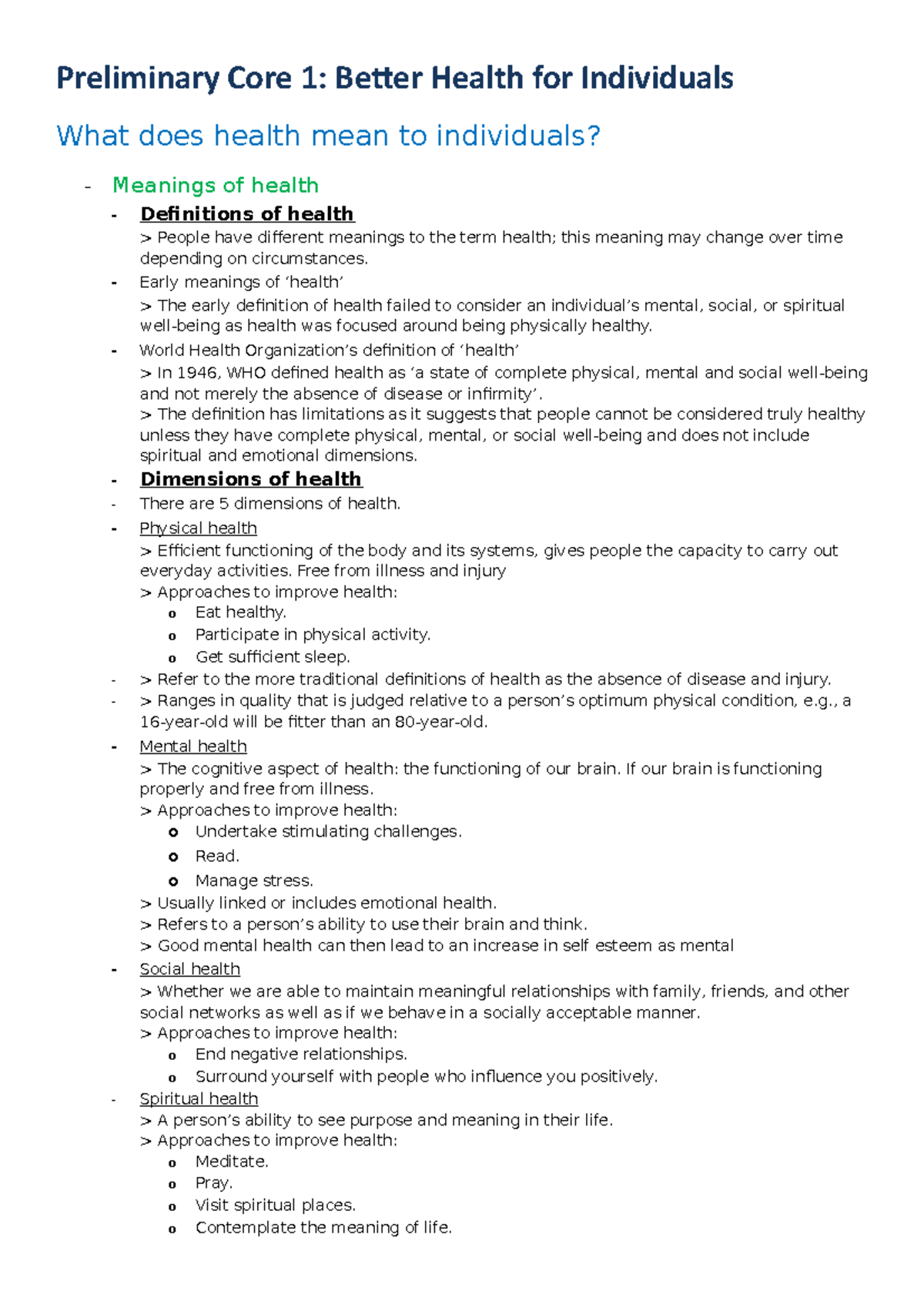 PD Prelim Core 1 Notes - Preliminary Core 1: Better Health for ...