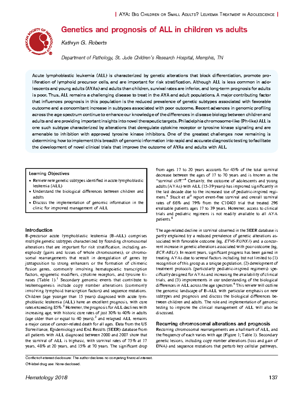 Roberts et al - ALL in children - | AYA: BIG CHILDREN OR SMALL ADULTS ...