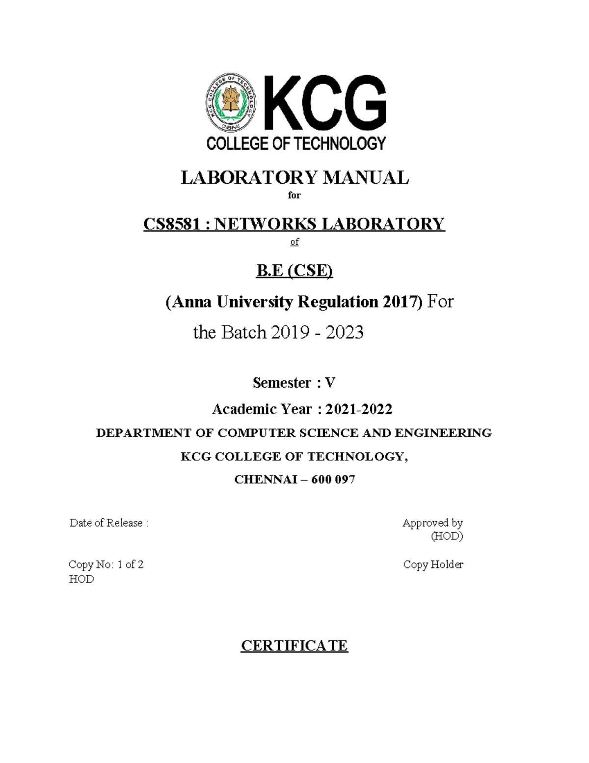 Network'S LAB Final Controlled COPY - LABORATORY MANUAL for CS8581 : NETWORKS LABORATORY of B ...