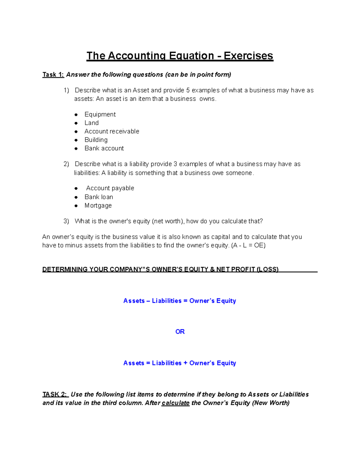 The Accounting Equation - Exercises - Equipment Land Account receivable ...