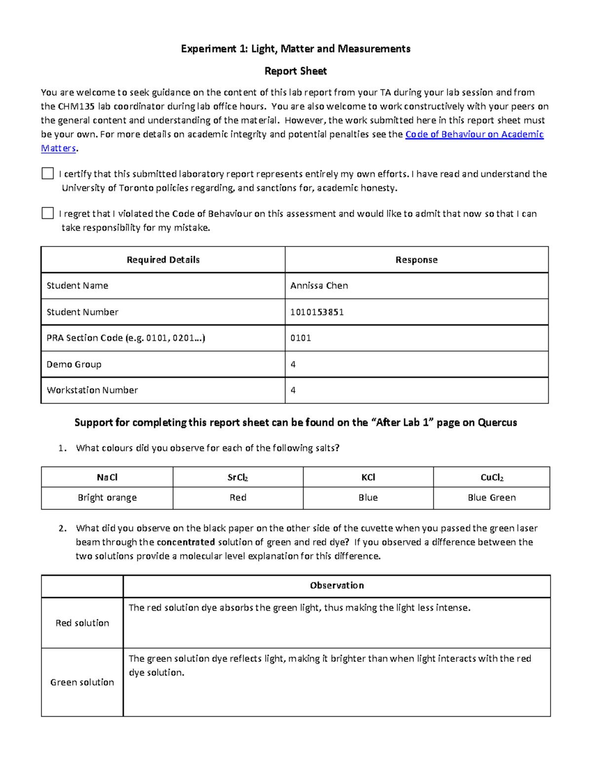 CHM135 Lab 1 Report Sheet - Experiment 1: Light, Matter and ...