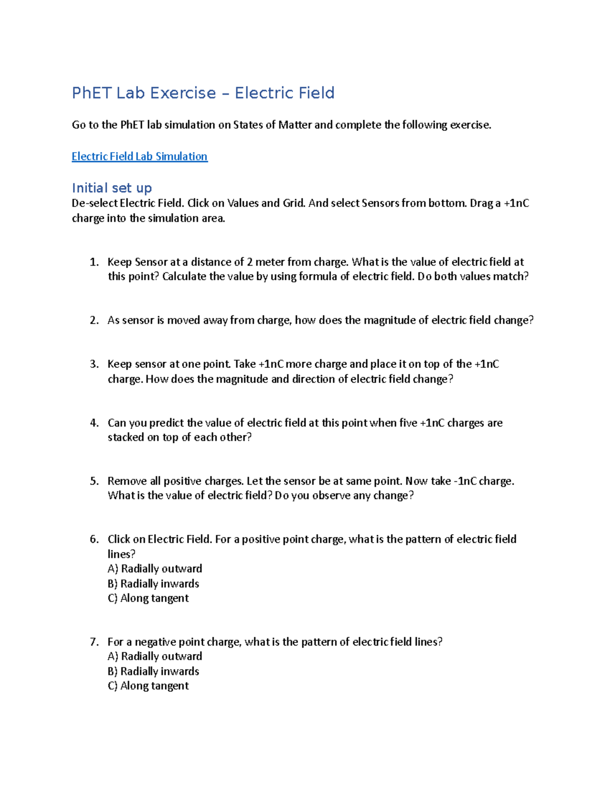 Phy2020-m8-Ph ET Lab Exercise - PhET Lab Exercise – Electric Field Go ...