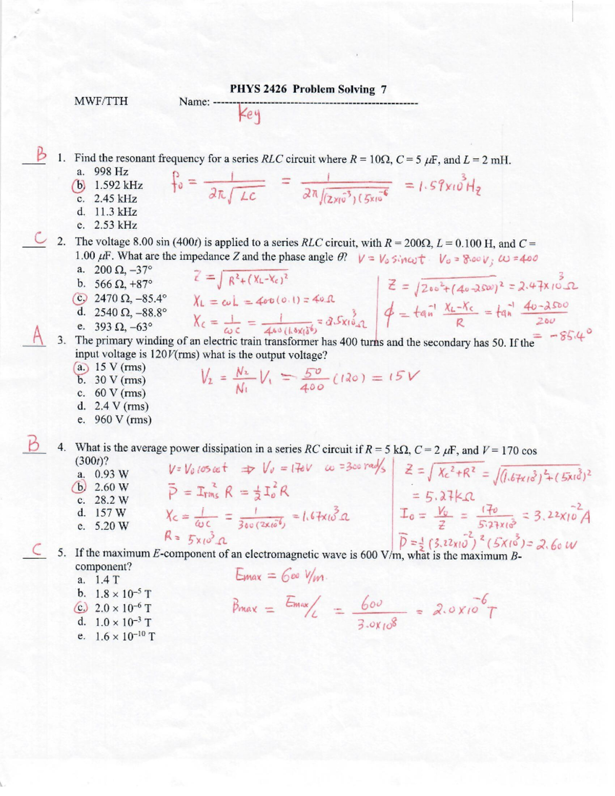 PHYS 2426 Problem Solving 7 Key - PHYS-2426 - Studocu