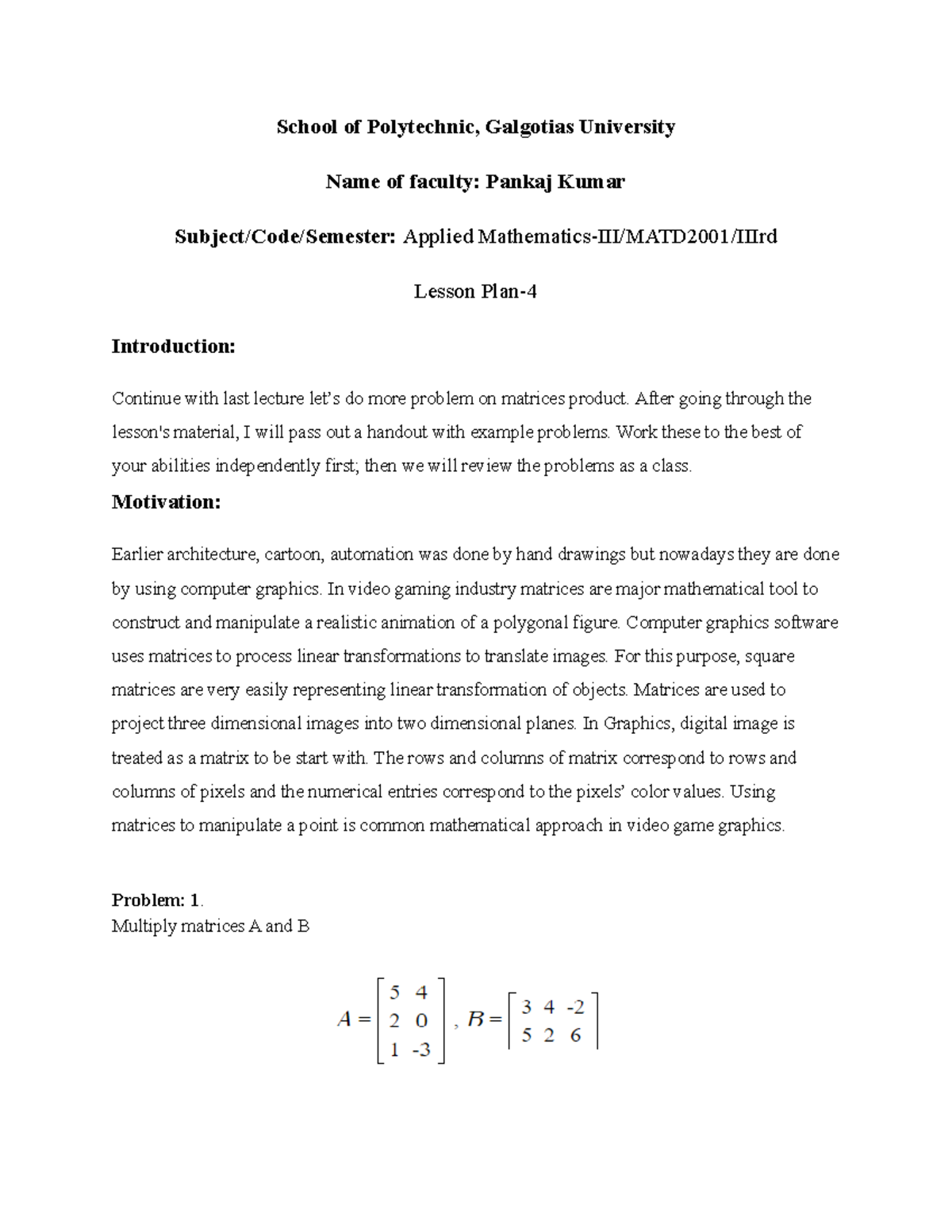 Lesson Plan 4 Matrix - Lecture notes Applied Mathematics-III - Discrete ...