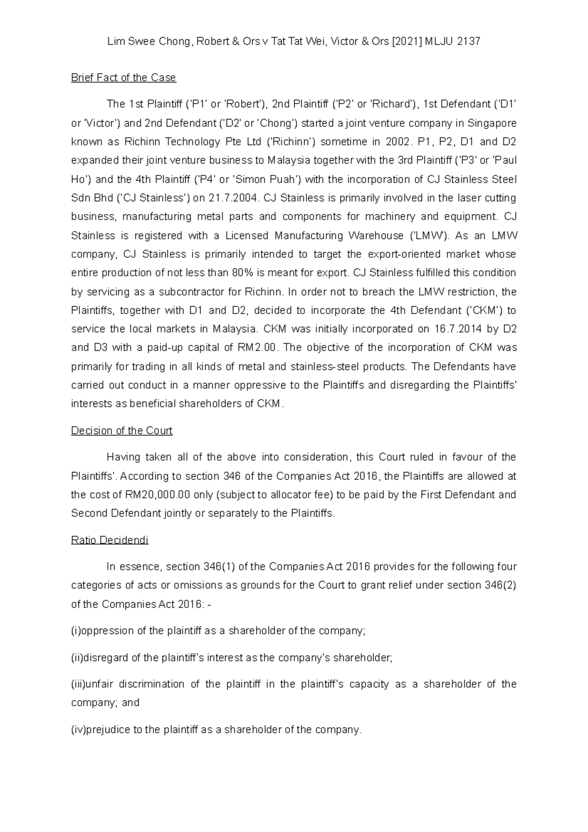 Company Law: Case Review - Lim Swee Chong, Robert & Ors v Tat Tat Wei ...