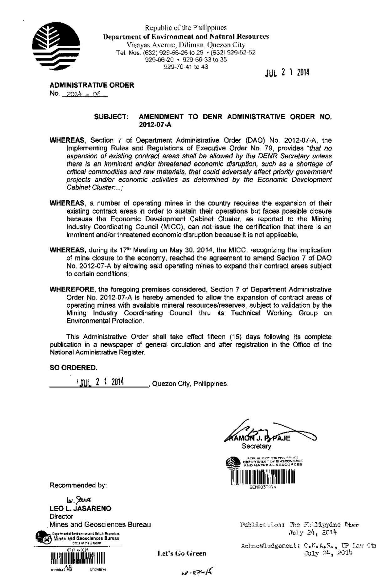 Amendment TO DENR Administrative Order NO. 2012-07-A - Environmental ...