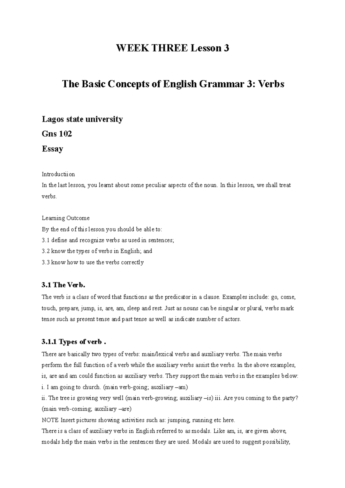 Gns 102 Week 3 Verbs WEEK THREE Lesson 3 The Basic Concepts Of