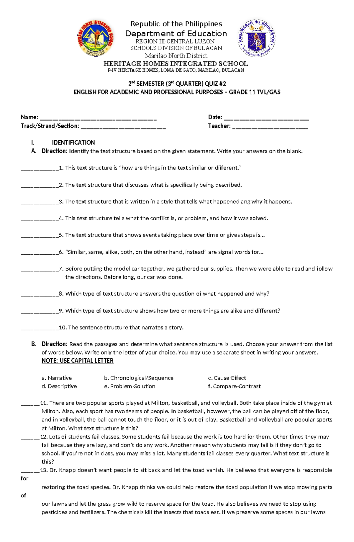 Quiz 2 - text structures - 2 nd SEMESTER (3rd QUARTER) QUIZ ENGLISH FOR ...