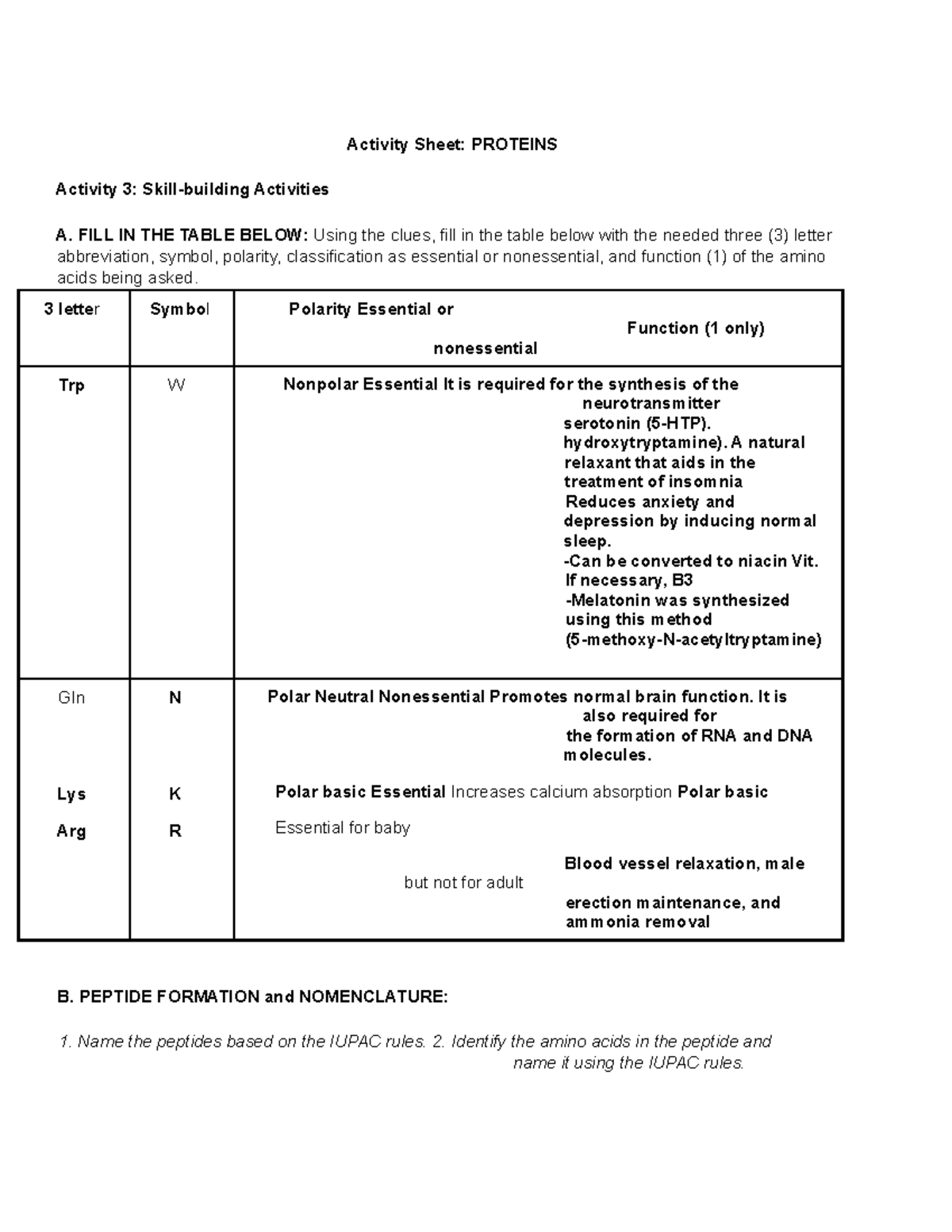 Activity Sheet Proteins - Activity Sheet: PROTEINS Activity 3: Skill ...